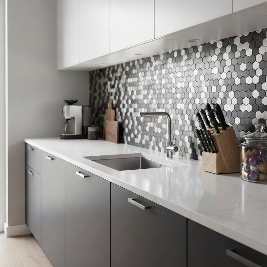 Panel Haus Self Adhesive Wall Tiles - Mini Hexagon Chrome 30cm x 30cm
