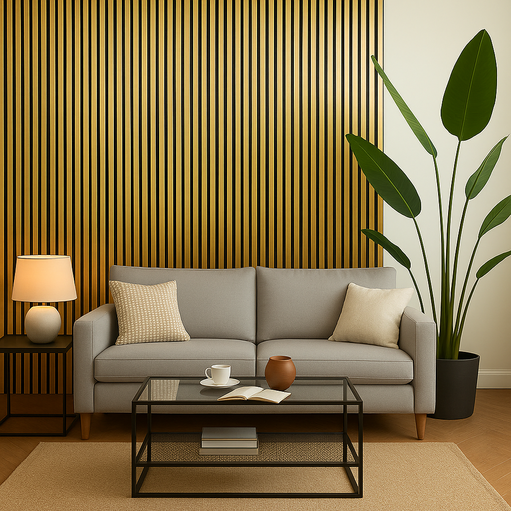 Panel Haus Gold Colour Acoustic Slatted Wood Wall Panels- 240cm x 32cm